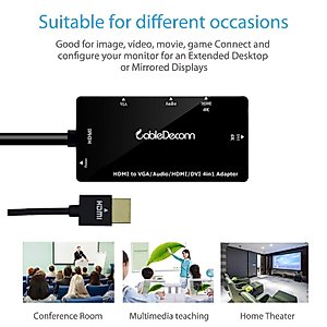 CableDeconn Multiport 4-in-1 HDMI to HDMI DVI 4K VGA Adapter Cable with Audio Output Adapter Converter (Black)