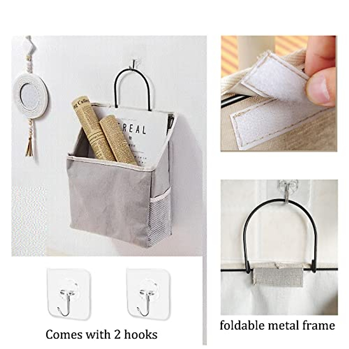 SMALIGOLA 2 Pack Wall Hanging Storage Bag, Hanging Organizer Bag with Sticky Hook, Wall Organizer for Dormitory Bathroom Bedroom Kitchen (Gray)