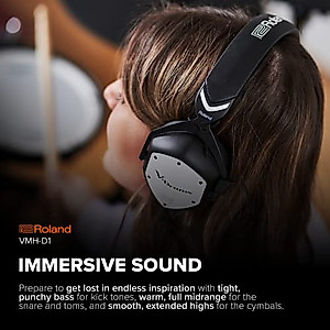Roland VMH-D1 V-Drums Headphones | Designed by Roland & V-Moda for V-Drums & All Electronic Drum Kits | Immersive Sound | Long Cable for Tangle-Free Drumming | Customizable Shields, Black