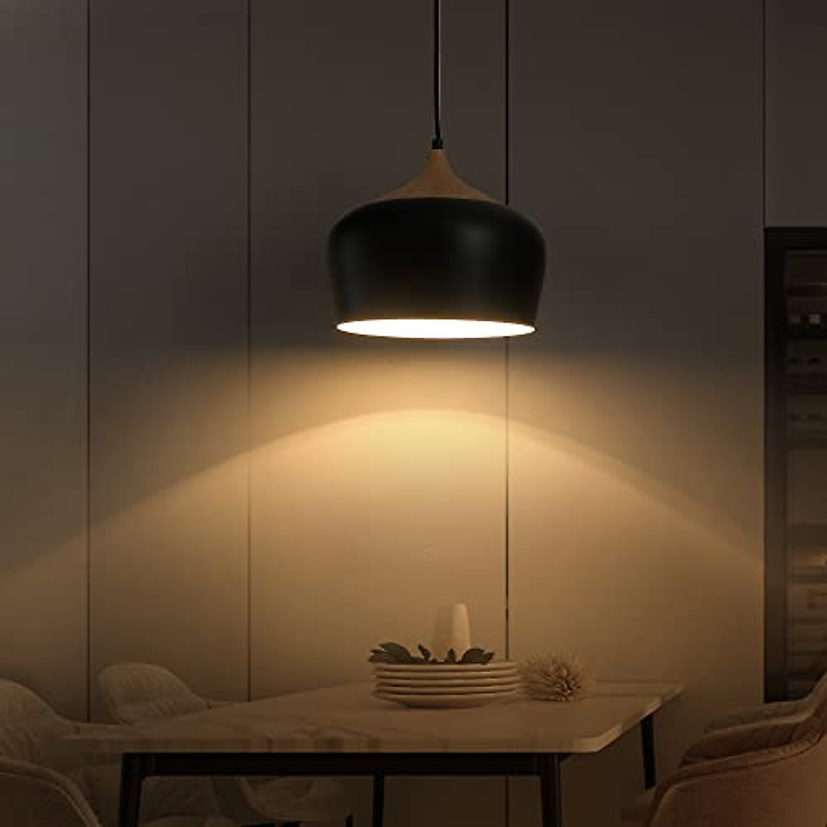 KARMIQI Farmhous Pendant Lights LED Bulb Included Black Pendant Lights Kitchen Island with Metal and Faux Wood Shade, Pendant Hanging Light Fixtures for Kitchen, Dining Room, Living Rooms,Hallway
