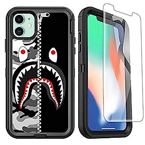 OTTARTAKS iPhone 11 Case with Screen Protector, Street Fashion Full Body Rugged Heavy Duty Case for Boys Men, Shockproof 3-Layer Defender Protective Case for iPhone 11 6.1inch, Camo Shark