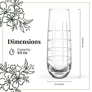 Fifth Avenue Crystal Medallion Stemless Champagne Flutes, Durable Glass, Mimosa, Cocktail Glasses Set, Prosecco Wine Flute, Bar Glassware, Toasting Wedding Glasses, Set of 6, Etched Patterns, 9.5oz