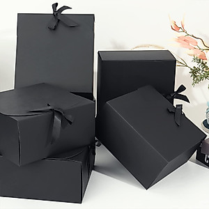 Decorative Gift Boxes with Ribbon and Shredded Paper Fill, 5 Pack 8x8x4" Gift Boxes With Lids for Presents Bridesmaid Proposal Box, Folded Paper Gift Box for Birthday, Christmas, Wedding, Party Favor, Holiday (Black)