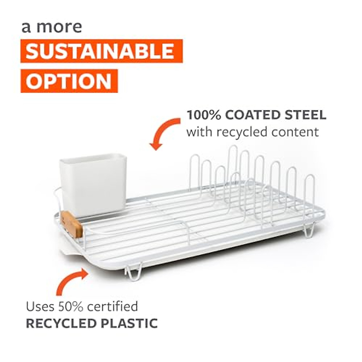 Full Circle Dish Jockey Dish Drying Rack – Space Saving Drying Rack for Kitchen Counter – Stainless Steel and Recycled Plastic Drainer with Holders for Plates, Cutlery, Pots and Pans