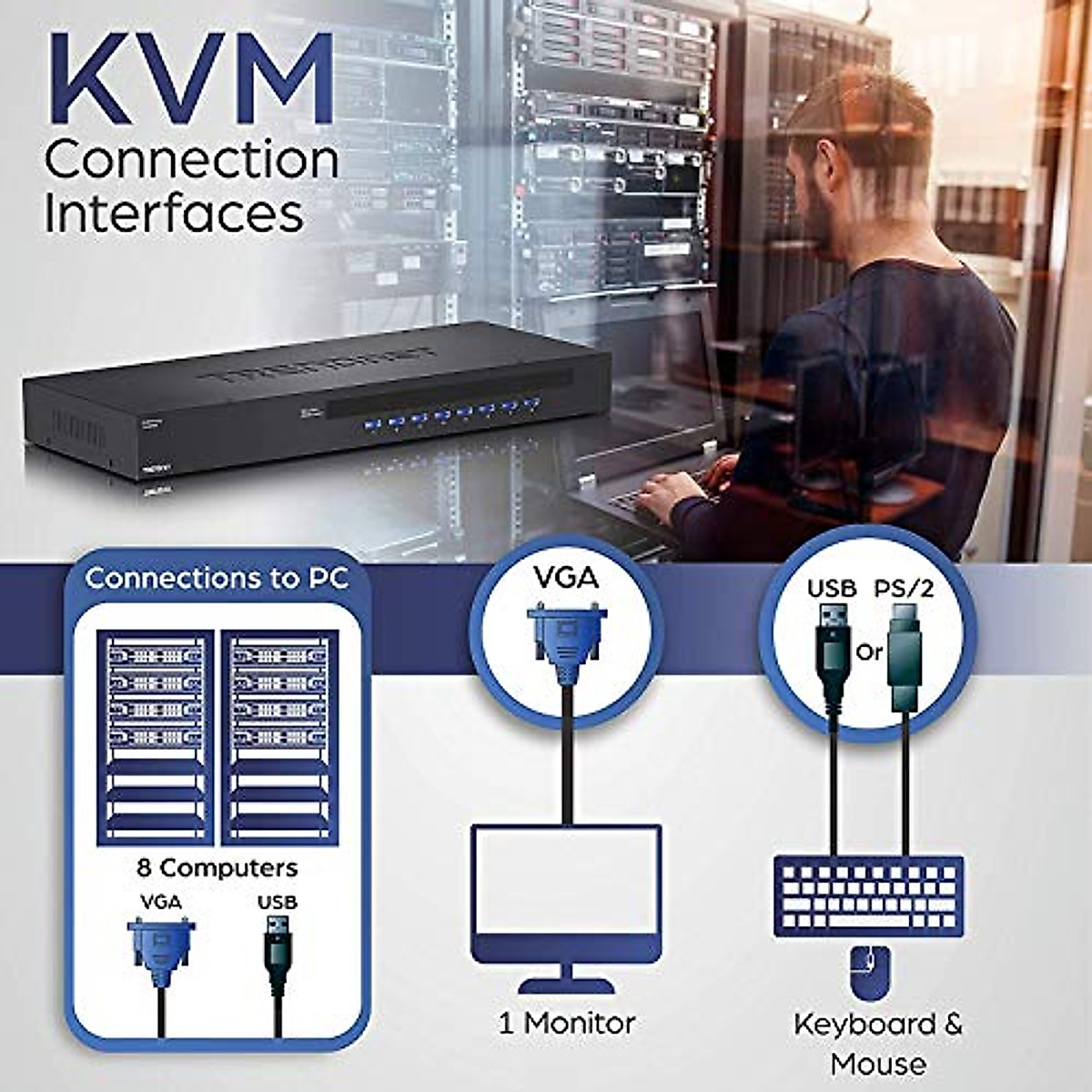 TRENDnet 8-Port USB/PS2 Rack Mount KVM Switch, TK-803R, VGA & USB Connection, Supports USB & PS/2 Connections, Device Monitoring, Auto Scan, Audible Feedback, Control up to 8 Computers/Servers