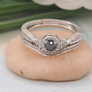 Dazzlingrock Collection 0.33 Carat (Ctw) 14k Round Black And White Diamond Women Halo Style Bridal Engagement Ring Matching Band Set 1/3 CT, White Gold, Size 7