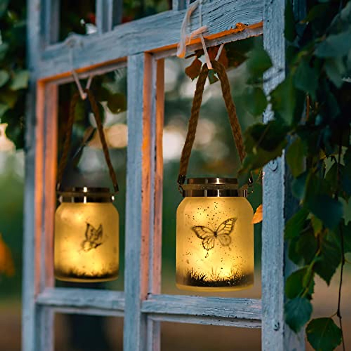 GOODME 2 Pack Solar Lantern Butterfly Mason Jar White Frosted Glass Hanging Jar Solar Outdoor Lights Butterfly Decorations Gift for Patio, Yard, Garden, Path (Butterfly)