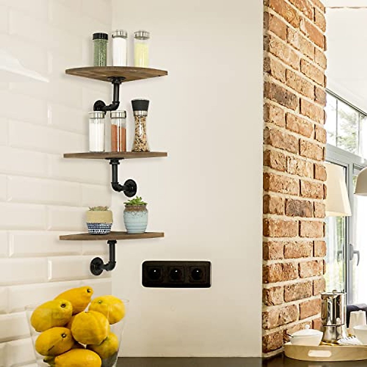 MyGift Wall Mounted Floating Corner Shelves, Rustic Burnt Solid Wood Rounded Corner Shelf with Black Metal Pipe Mounting Brackets, Set of 3