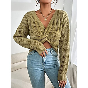 WDIRARA Women's Cable Knit Twsit Front V Neck Long Sleeve Crop Sweater Pullover Khaki L