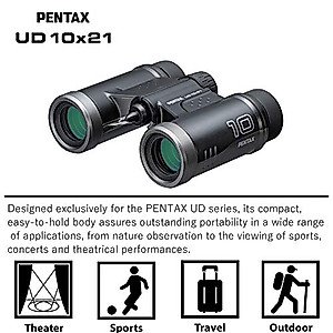 PENTAX Binoculars UD 10x21- Black. 10x magnification with roof prism. Bright and clear viewing, lightweight with Multi-coating to acheive excellent image performance. For concerts, sports and safari
