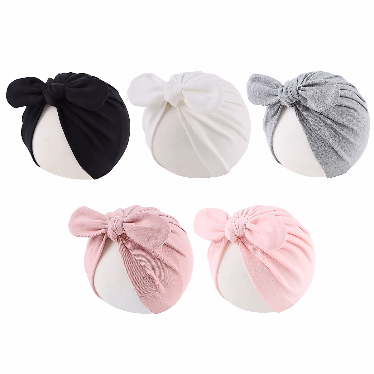 Baby Girl Turban Newborn Beanie Hat 5 Pieces Cotton Infant Girls Headwraps Toddler Kids Hats 0-3 Years (5Pcs-Bowknot-C)