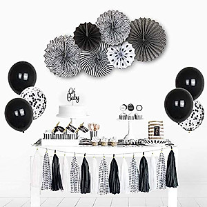 ANSOMO Black and White Party Decorations and Supplies, for Baby Shower and Birthday Graduation Bachelorette with Paper Fan and Tassel Garland