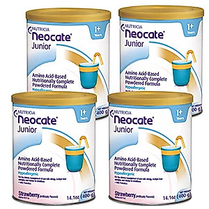 Neocate Junior - Powdered Hypoallergenic, Amino Acid-Based Toddler and Junior Formula - Strawberry - 14.1 Oz Can (Case of 4)