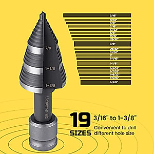 Lichamp Unibit Step Drill Bit for Metal, Genuine HSS M2 Impact Wrench Stepper Bit for Hard Metal Heavy Duty, 19 Sizes from 3/16" to 1-3/8", Dual Straight Grooved with 1/2" Square Drive, A5BK