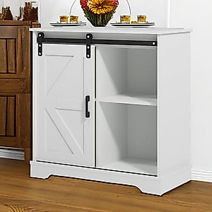 Panana Sliding Barn Door Buffet Sideboard Storage Cabinet Coffee Bar Kitchen Farmhouse Style (White Cabinet)