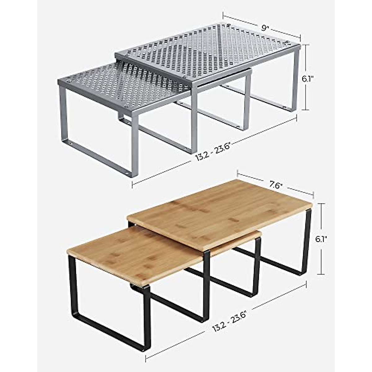 SONGMICS Bamboo Shelf Organizers and Metal Shelf Organizers Bundle, Stackable, Expandable Kitchen Shelves, Black and Natural and Silver UKCS02NB and UKCS01SV