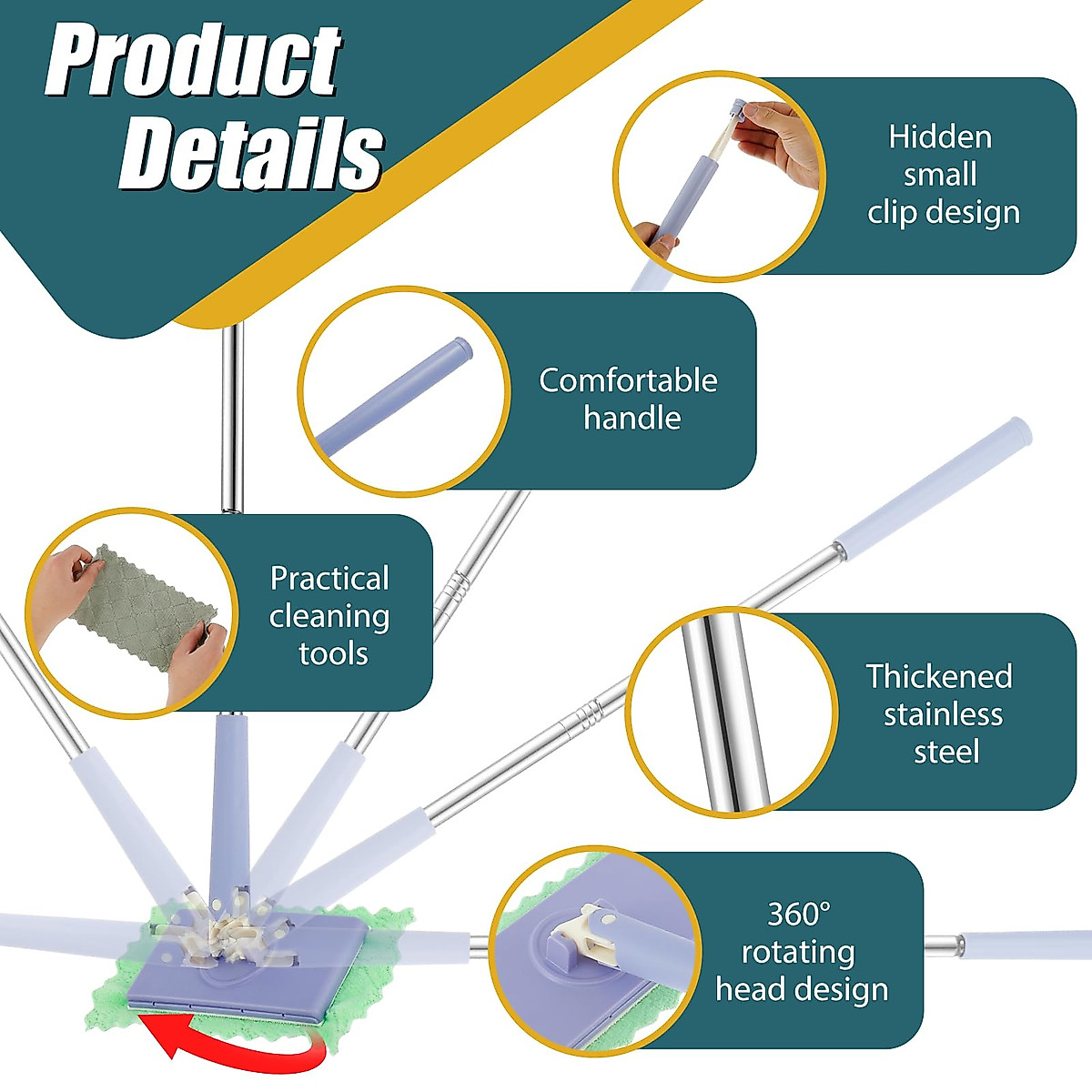 360°Rotating Microfiber Dust Mop Auto Cloth Changing Mini Mop with Face Towels Multifunctional Flat Floor Mop for Kitchen Home