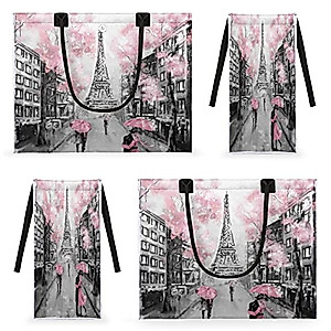 cfpolar Eiffel Tower Lovers Reusable Grocery Shopping Bag with Hard Bottom, Flower Love Paris Large Foldable Multipurpose Heavy Duty Tote Stands Upright, Durable and Eco Friendly, Beach Bag
