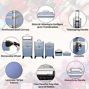 Ver Beauty 7 in 1 Professional Rolling Makeup Nail Tech Travel Case Cosmetic Organizer Storage Clear Acrylic Panel with 4 Wheels Nail Polish Holder and Extra Lid (Lavender Stripe)