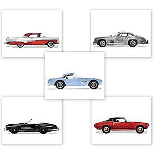 AtoZStudio Classic Car Wall Art - Set of 5 Prints // Game Room Decor // Boy Bedroom Posters // Transportation Car Nursery // Birthday Party Decoration // Vintage (8x10, Set 5)