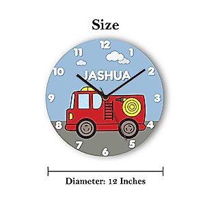 12 inch Personalized Fire Truck Kids Wall Clock, Kids Wall Clock with Name, Educational Clock, Silent Movement Non Ticking Quartz Wall Clocks, Kids Birthday Gift, Children Room Decor