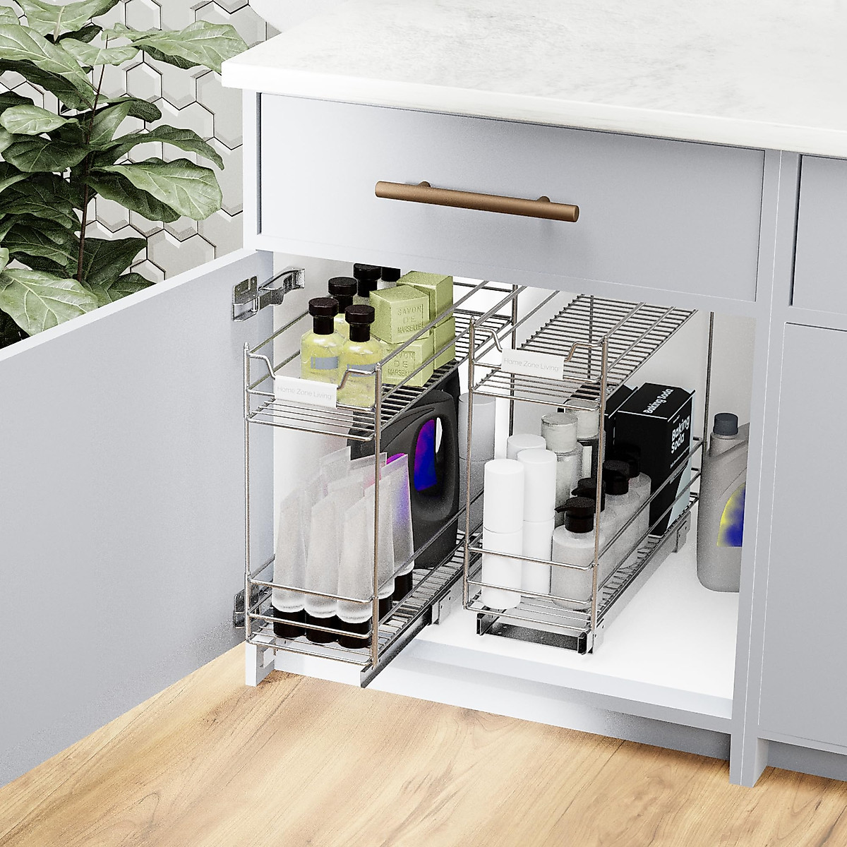 Home Zone Living Pull Out Kitchen Cabinet Organizer with Two Tiers of Storage, 7” W x 20” D