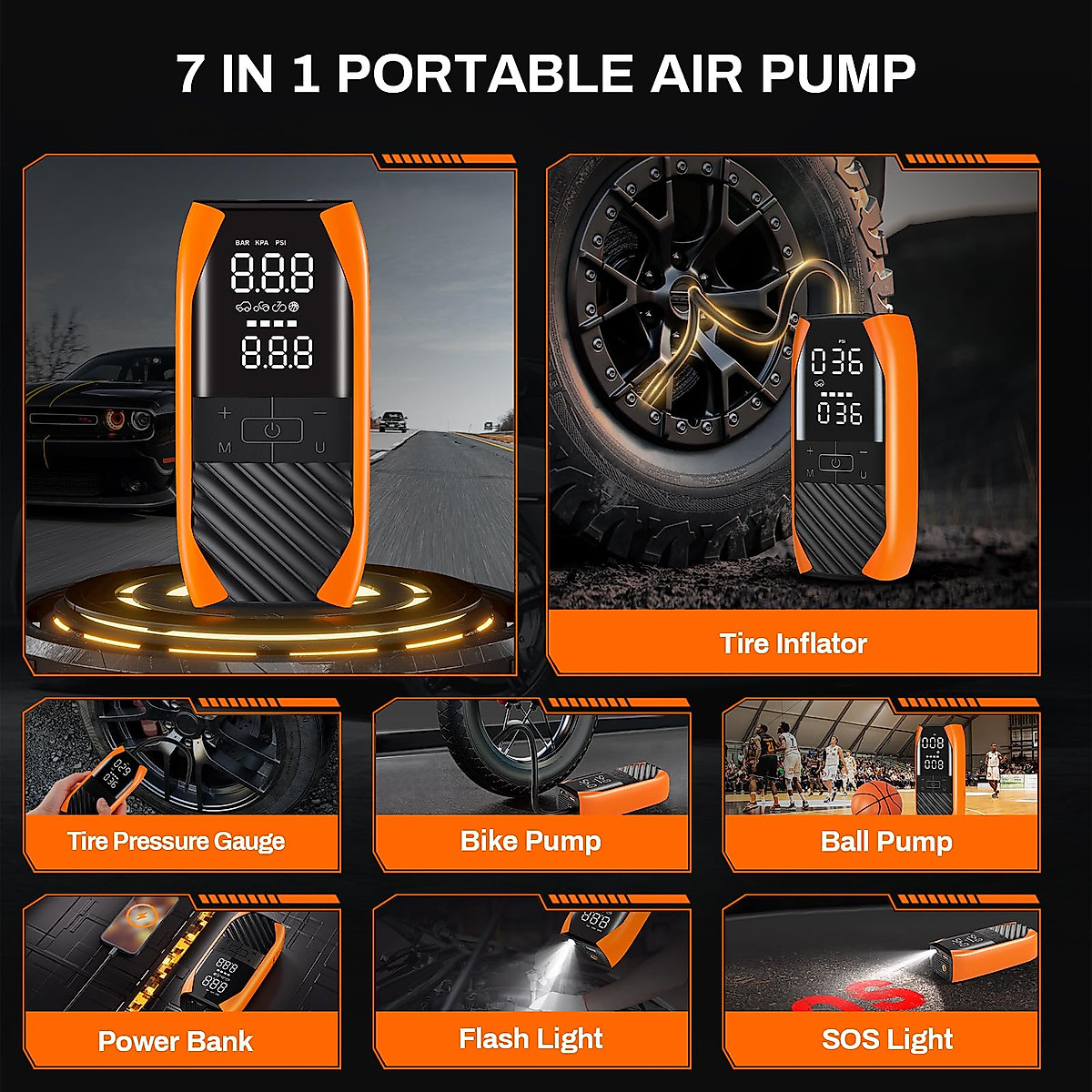 Kapopop K1 Tire Inflator Portable Air Compressor,4X Faster 150PSI & 20000mAh Cordless Air Pump for Car Tires,Bikes,Motorcycles & Balls,with Pressure Gauge,LCD Display,Emergency LED Light,Auto Shut-Off