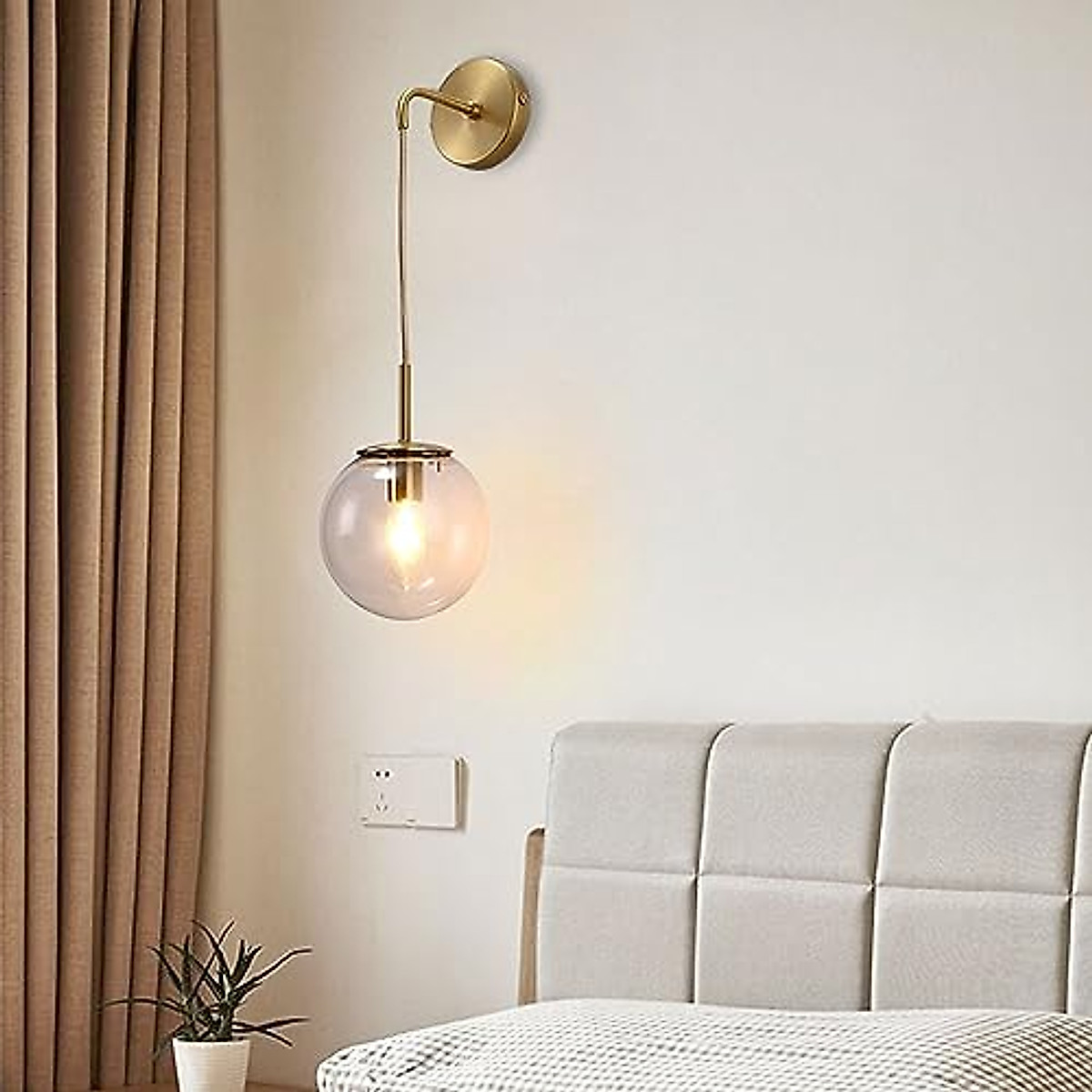 ICEMOB Modern Glass Globe Wall Sconce Set Of Two Minimalist Gold Wall Light Fixture With Adjustable Cord Brass Round Glass Wall Mounted Reading Lamp For Bathroom Mirror Bedside Stairs