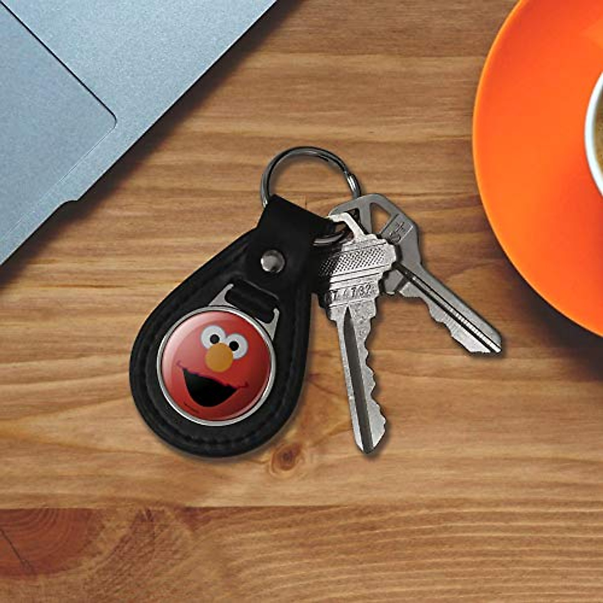 Black Leather Sesame Street Elmo Face Keychain