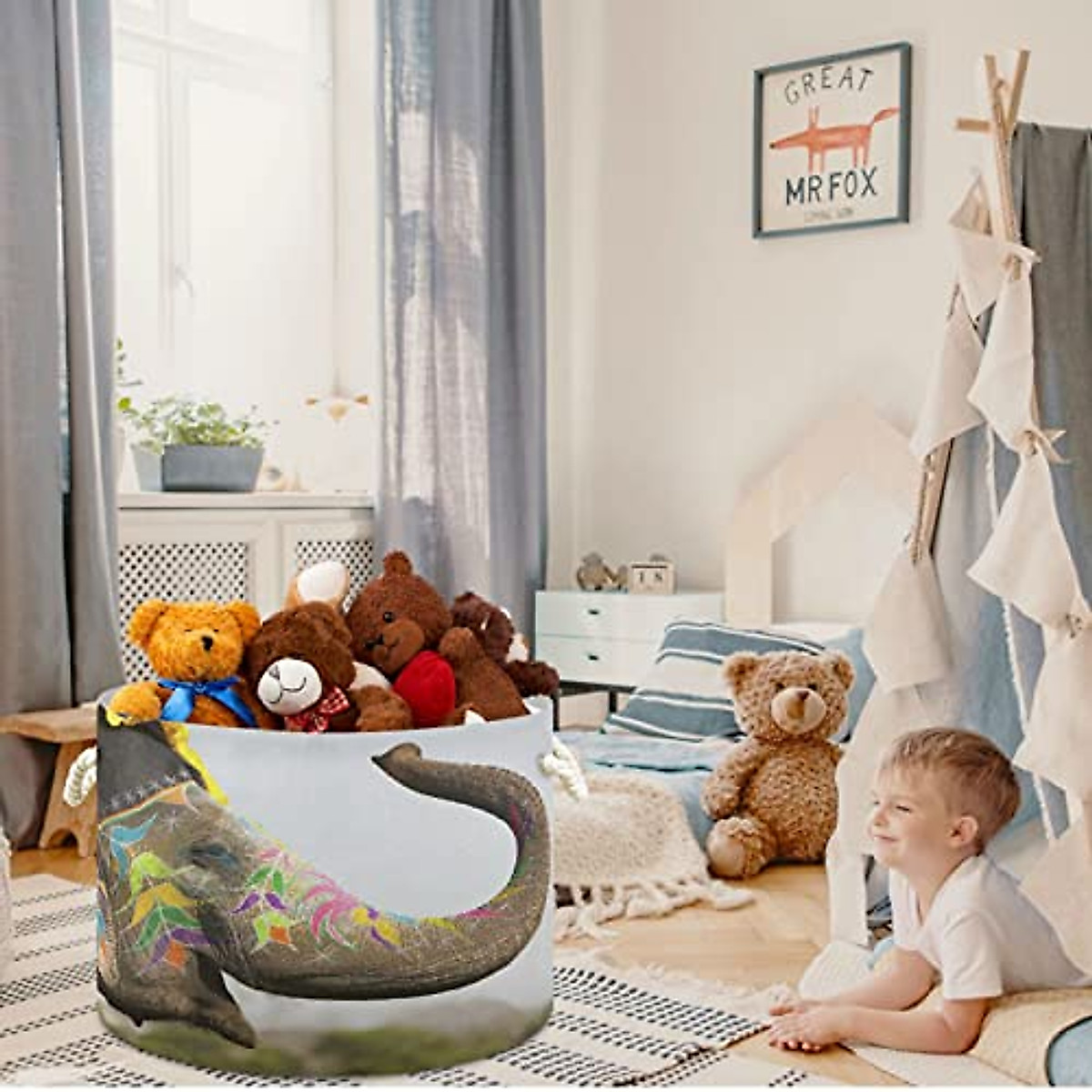 visesunny India Elephant with Painted Laundry Baskets Fabric Storage Bin Storage Box Collapsible Storage Basket Toy Clothes Shelves Basket for Bathroom,Bedroom,Nursery,Closet,Office