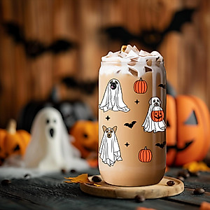 Coolife Funny Halloween Dog Ghost Cup, Cute Pumpkin Dog Iced Coffee Cup, 16oz Spooky Dog Tumbler Halloween Glass Cups w/Lids Straws, Boo Basket Stuffers, Halloween Gifts for Dog Lover, Dog Mom, Women