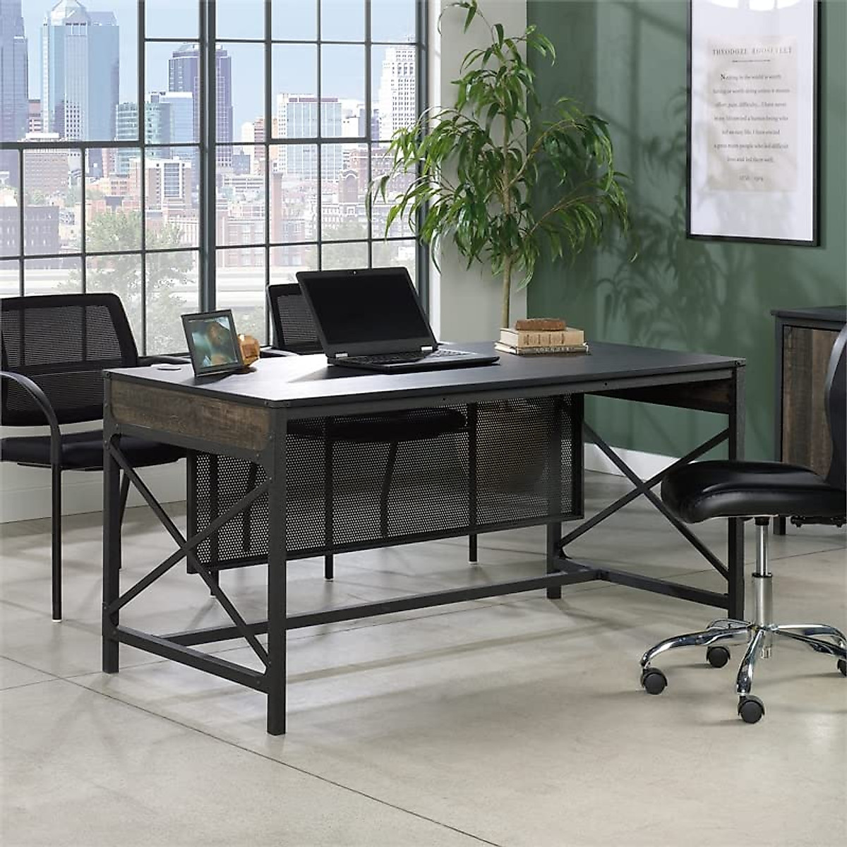 Sauder Foundry Road Engineered Wood/Metal 60x30 Table Desk in Carbon Oak