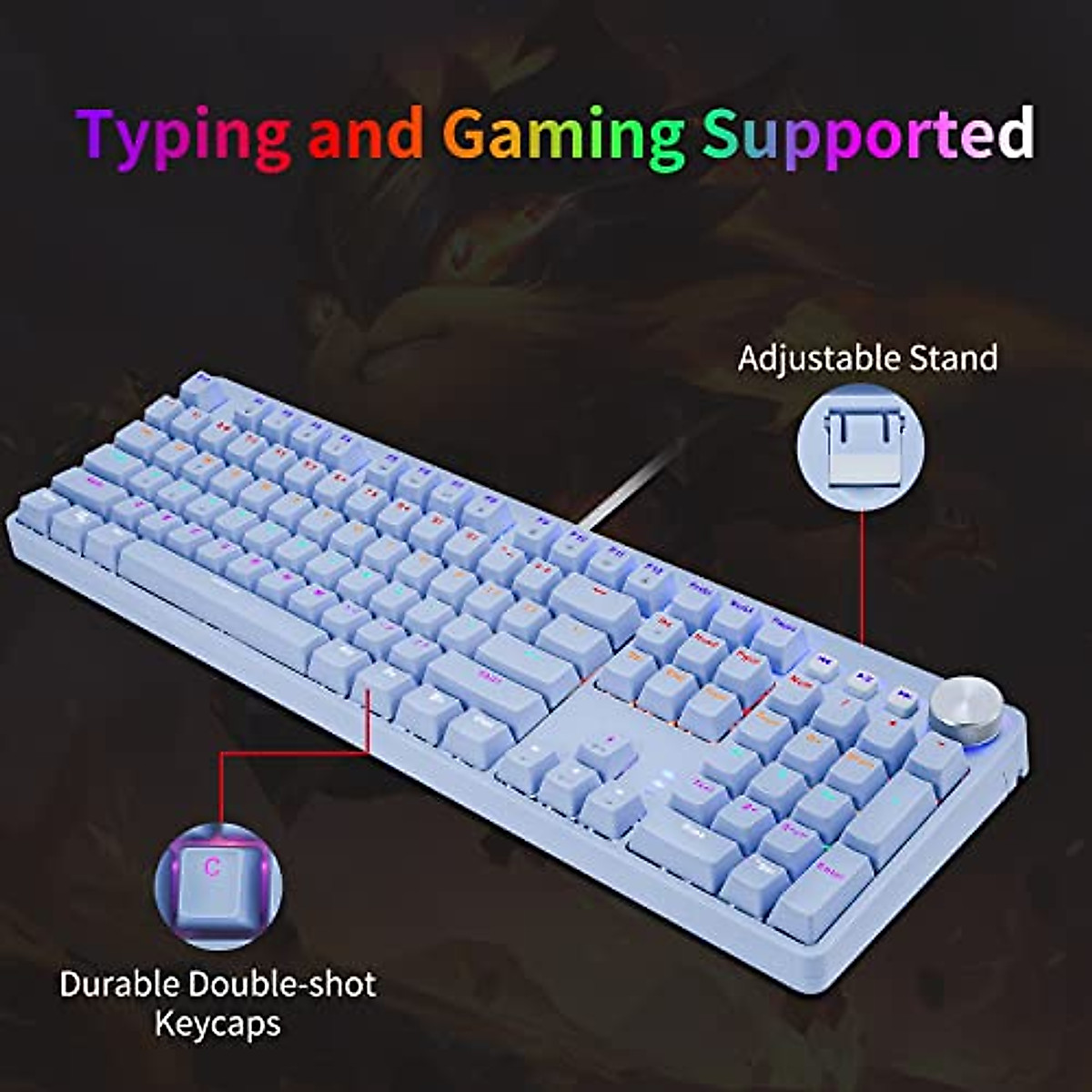 HUO JI BT-855 Mechanical Gaming Keyboard, USB Wired with Red Switches, Rainbow LED Backlit, Multimedia Keys, 108 Keys No Conflict, Blue