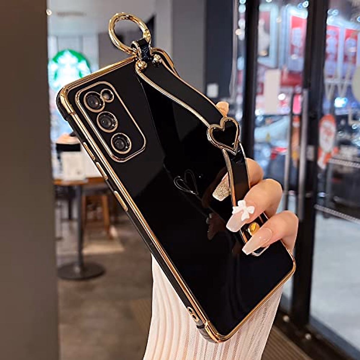 ZTOFERA Designed for Samsung Galaxy S20 FE 5G Case with Wristband,Plating Edge Love Hearts Pattern Hand Strap Finger Holder Kickstand Case,Soft Shockproof Cover for Girls Women,Black