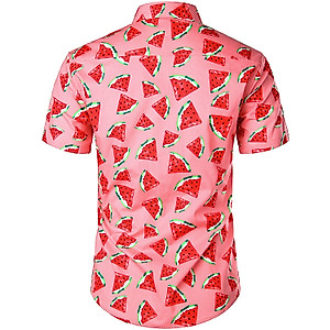 JOGAL Men's Cotton Button Down Short Sleeve Hawaiian Shirt Pink Red XX-Large