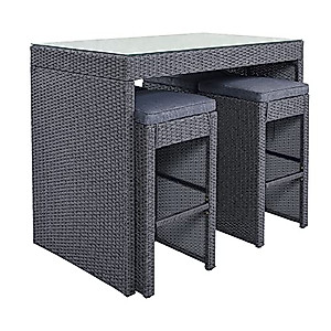 5-Piece Outdoor Patio Wicker Bar Set, Garden PE Rattan Wicker Dining Table, Square Stool Set, Glass Tabletop, High-Dining Bistro Set with 4 Stools and 1 Wood Table (Grey2-5PCS)