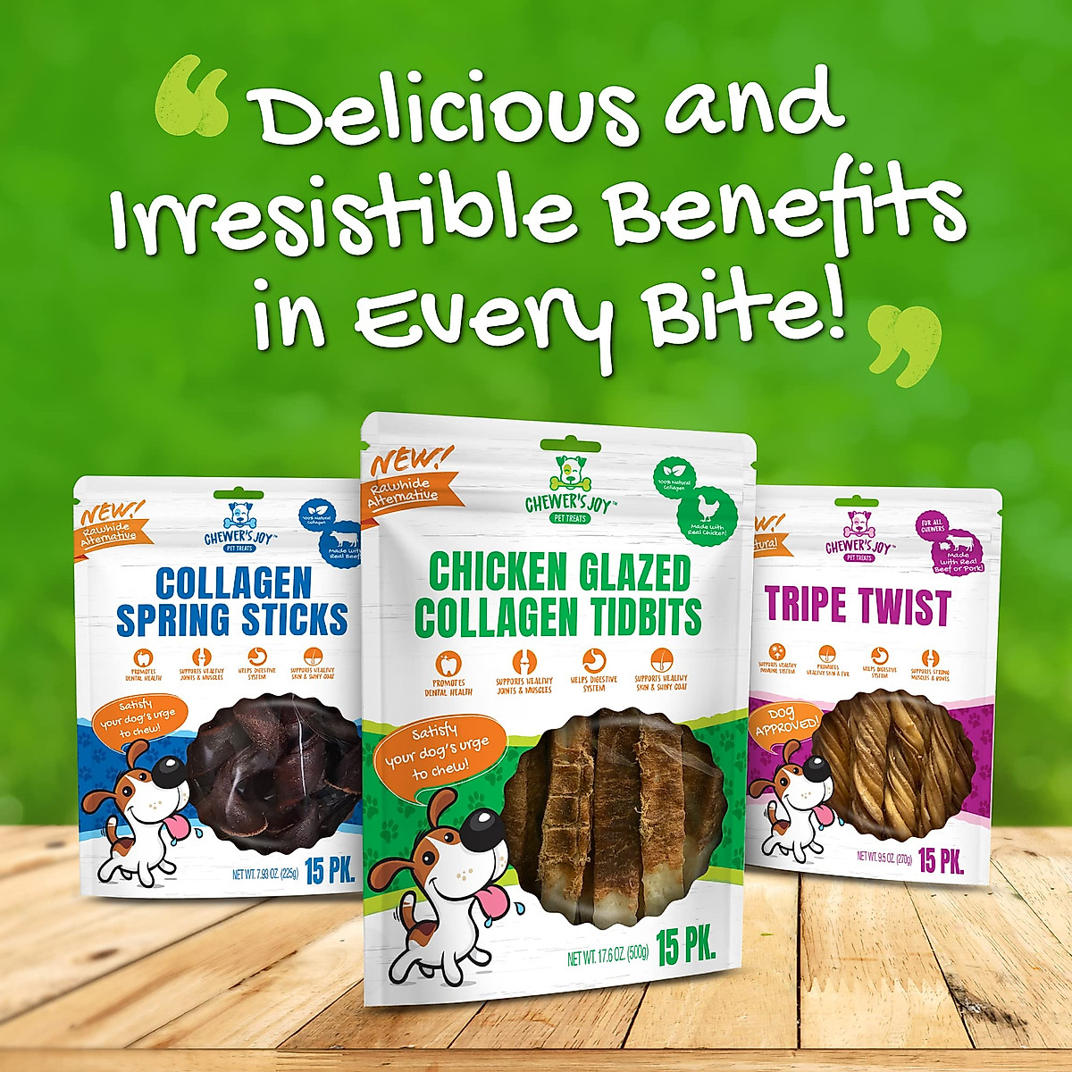 Chewer's Joy Chicken Glazed Collagen Tidbits 15pk 6" for Dogs, Premium Quality. High Protein, Promotes Joint, Skin, Gut Health & Shiny Coat. Bully Stick & Rawhide Alternative. Long Lasting chew.