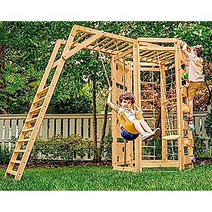 Avenlur Hawthorn 9-in-1 Outdoor Activity Center | Swing, Rock Wall, Monkey Bars | Ages 2-11 | Pine Wood Construction | Climbing Rope, Net Wall | Strength, Coordination, and Imagination-Boosting Fun