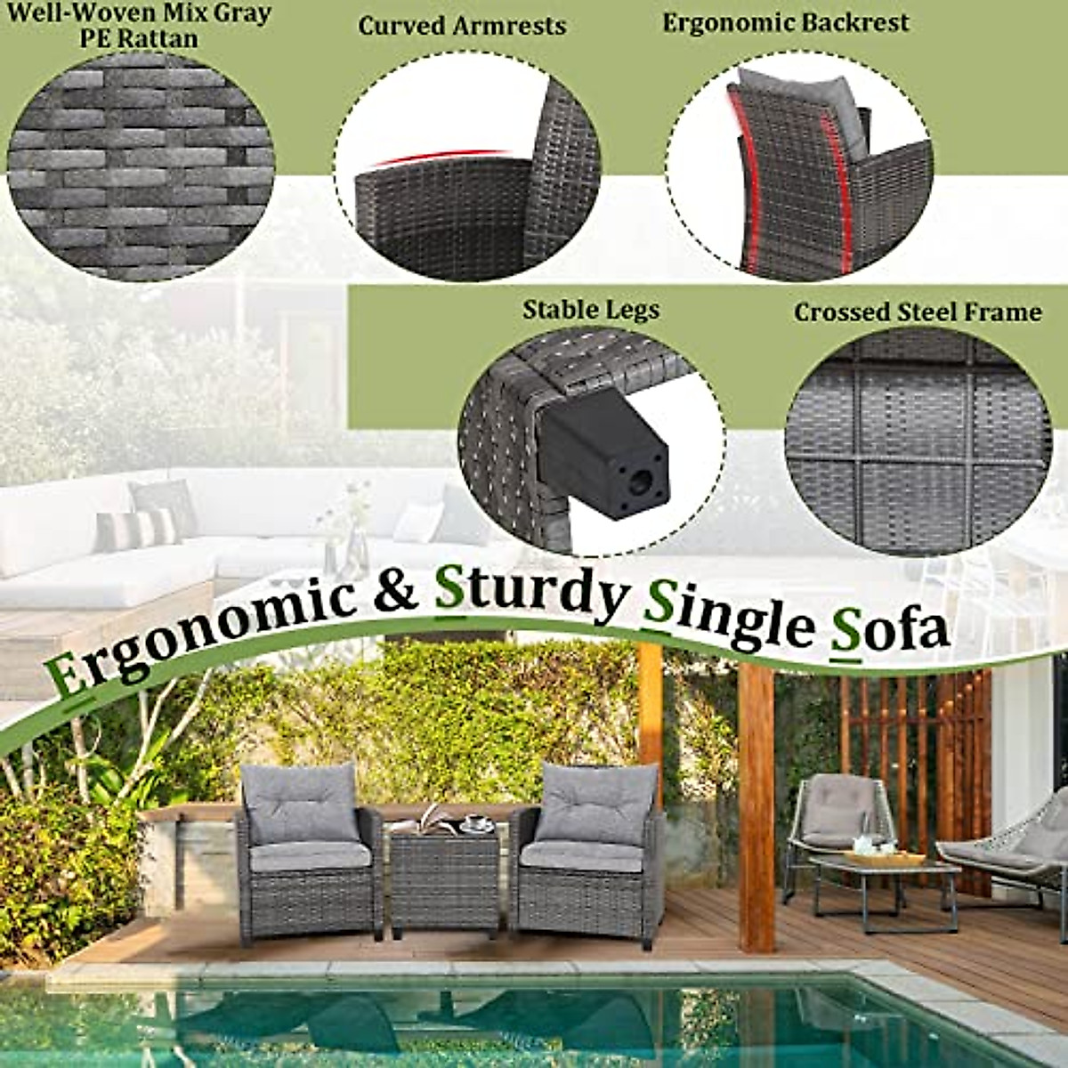 RELAX4LIFE Wicker Patio Furniture Sets - 3 Pieces Patio Rattan Sofa Set, Outdoor Conversation Set with Tempered Glass Tabletop, Heavy-Duty Steel Frame, Wicker Chair Set for Poolside, Backyard, Grey