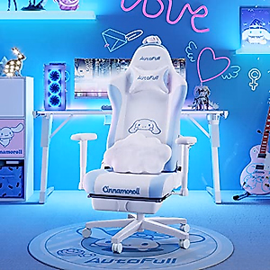 AutoFull Cinnamoroll Gaming Chair High Back Ergonomic Office Desk Computer Chair with Lumbar Support, Racing Style PU Leather Task Chair with Footrest, White & Blue