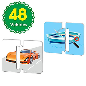 48 Vehicle Matching Puzzles with Error-Correction Mechanism Pre-Primer in 2 Pieces, Perfect for Preschool Learning (24 Blocks Double Sided)