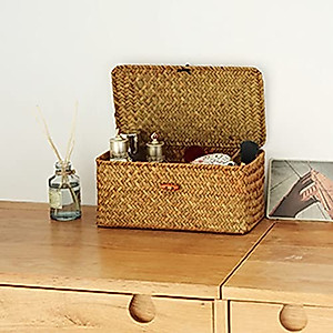 moluo Woven Baskets for Storage - Clothes Hampers for Laundry with Lid - Portable Sea Grass Woven Shelves Holders for Books, Cosmetics, Holiday Containers for Candies, Cookies