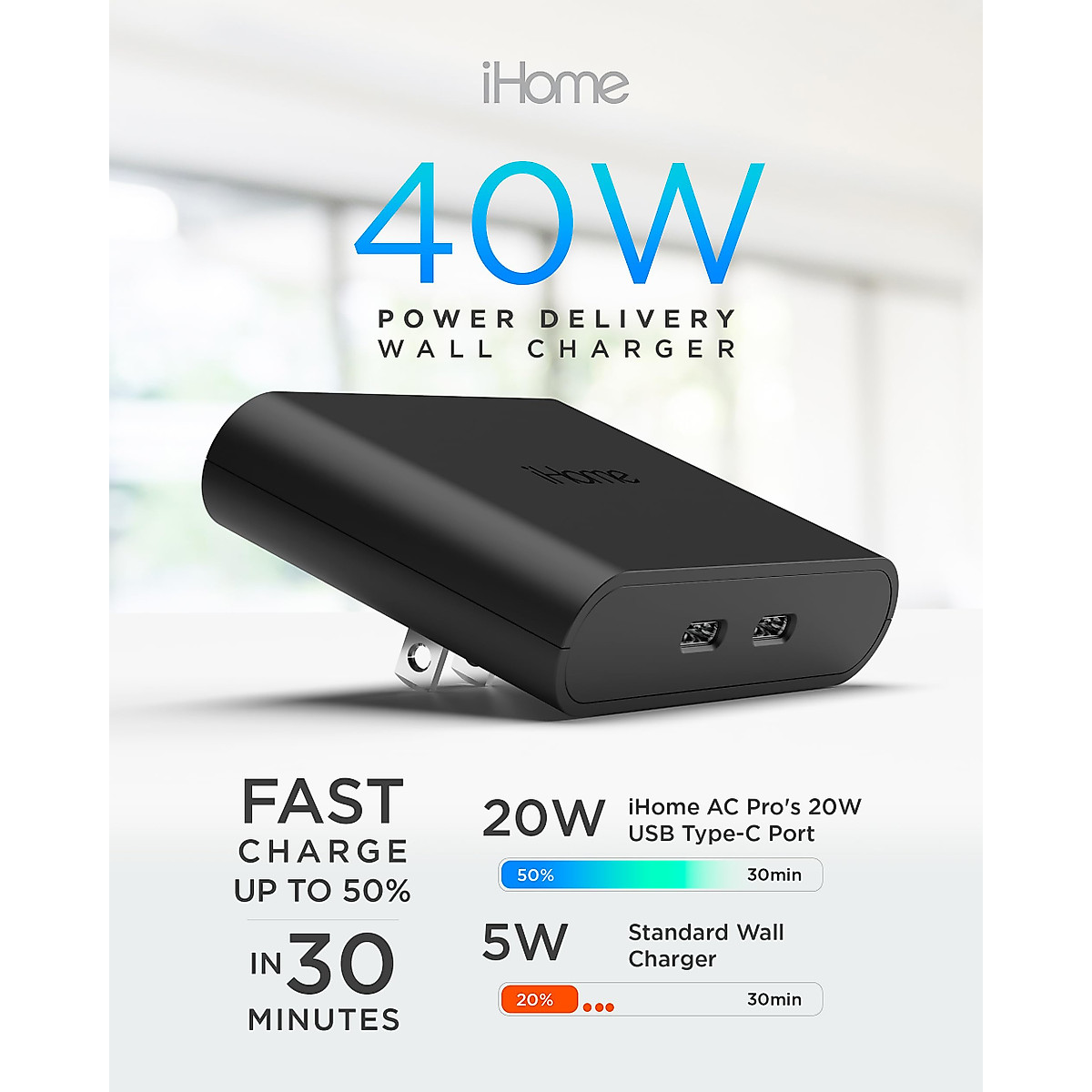 iHome Multiport USB-C Charger : AC Pro 2-Port Flat USB C Charger Block, Double USB C Wall Charger, Fast Charging Compatible USB-C Wall Charger (Black)