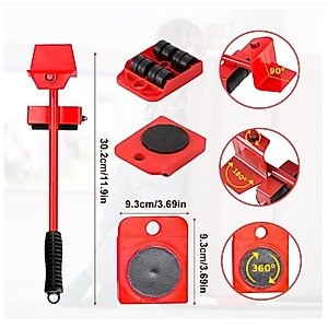 Furniture Lift Tool Kit with Adjustable Height Lift Tool Bar and 4 Wheels, Furniture Lifter CartFurniture Lifter Mobile Slider for Moving Heavy Furniture (Red)