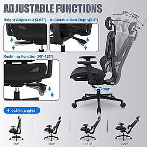 Youhauchair Ergonomic Office Chair with Lumbar Support, High Back Home Office Chairs with Adjustable Seat Depth, 3D Armrests & Headrest, Rolling Desk Chair, Mesh Computer Chair, Black