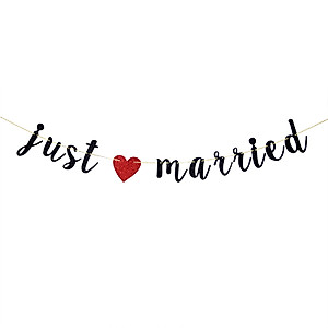 Black Just Married Banner - Wedding Hanging Banner - Vintage Rustic Wedding/Bridal Shower/Engagement Party Decorations