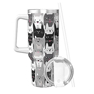 deaokluy 40 OZ Cute Cat Ice Bully Cup with Handle Straw Lid, Double Wall Stainless Steel Tumbler Travel Coffee Cup, Cartoon Insulation and Cooling Cup for Christmas Birthday Present