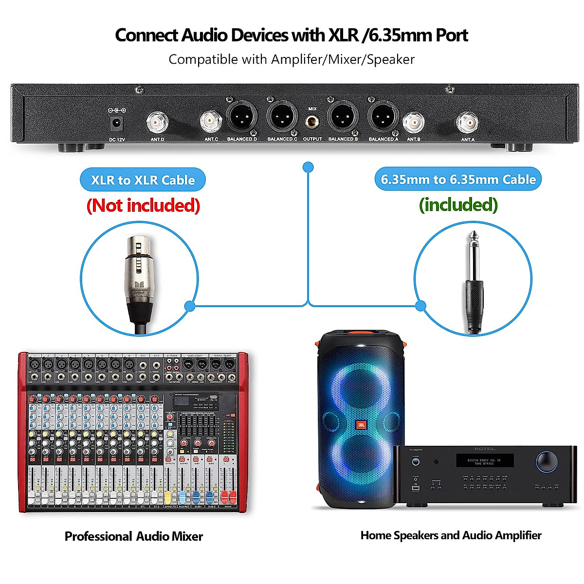 Bietrun 4-Channel Wireless Microphones System with 4 Rechargeable Handheld Mics, UHF Metal Dynamic Cordless Mics for Karaoke, Singing, Church, Family Theater(Auto Connect/295FT Range/Fixed Frequency)