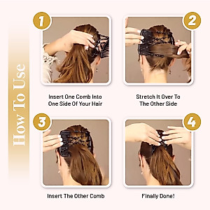 Wood Beaded Hair Combs for Long Hair - Stretchy Double Hairpins, Bun Maker, Elegant Hair Claw with Elastic, Hair Accessories for Updos, Side Comb Clips (Luxury Silver/Black)