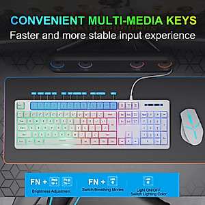 HUO JI White Gaming Keyboard USB Wired with Rainbow LED Backlit, Floating Keys, Mechanical Feeling, Spill resistant, Ergonomic for Xbox, PS Series, Desktop, Computer, PC